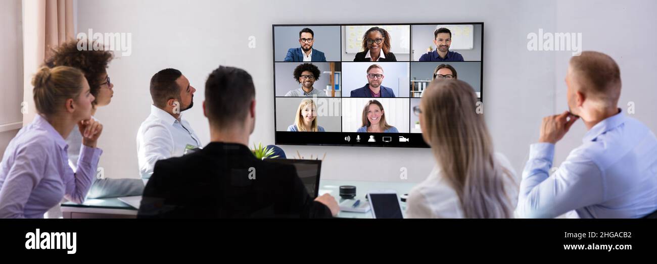 Business Video Conferencing Meeting In Room. Boardroom Webinar Stock ...