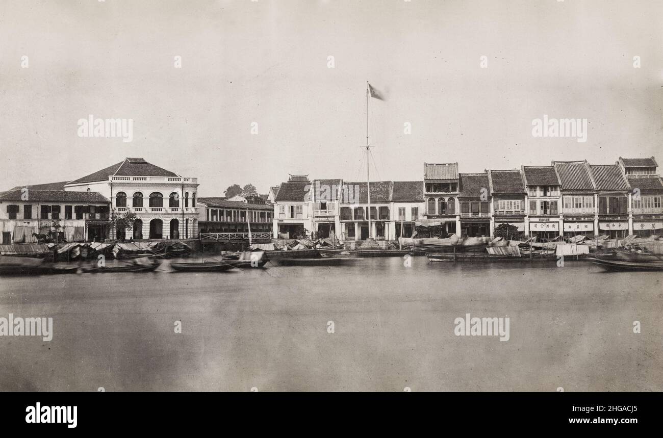 Vintage 19th century photograph - Waterfront view of Asian town, likely ...