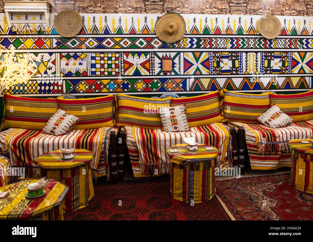 Coffee shop with a decoration from Asir, Mecca province, Jeddah, Saudi ...