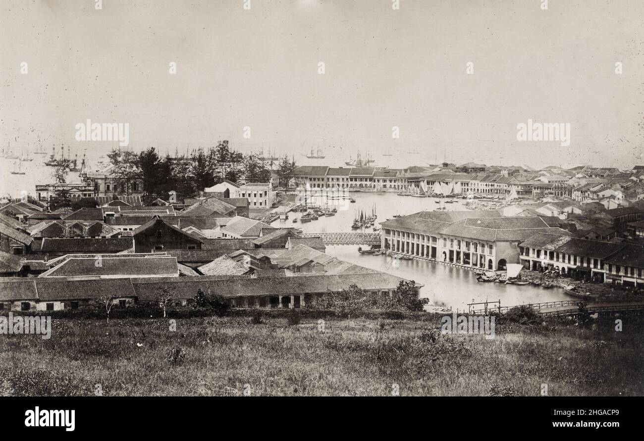 Vintage 19th century photograph - View of the town of Singapore from ...