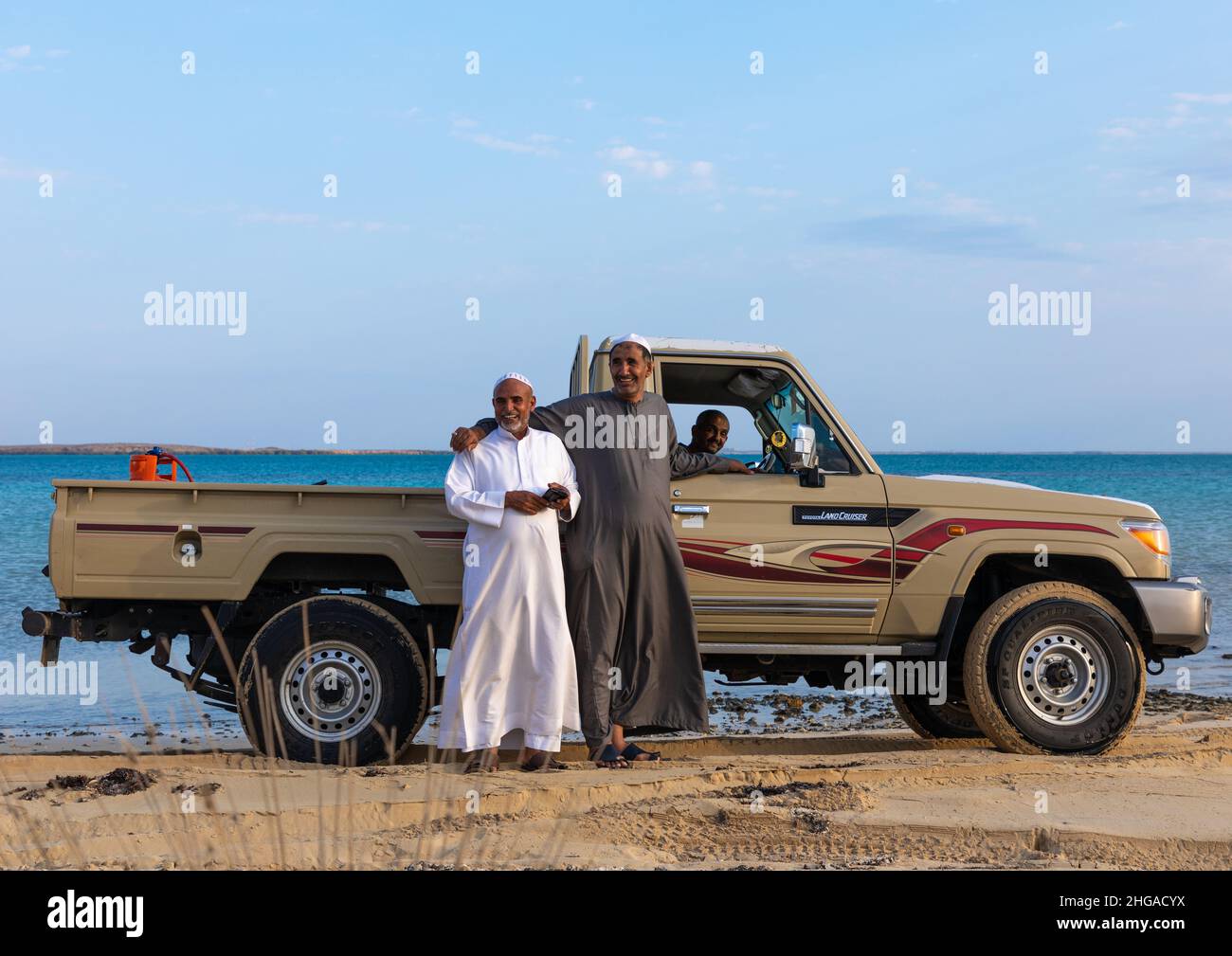 Saudi friends with their car in front of the sea, Jazan Province ...