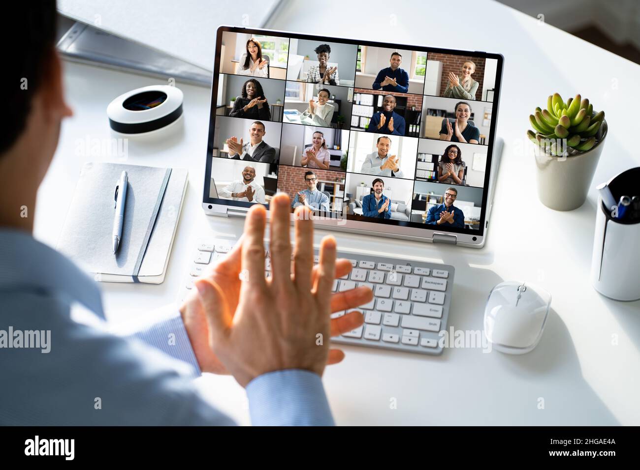 Virtual Video Conference Meeting Chat On Hybrid Laptop Stock Photo - Alamy