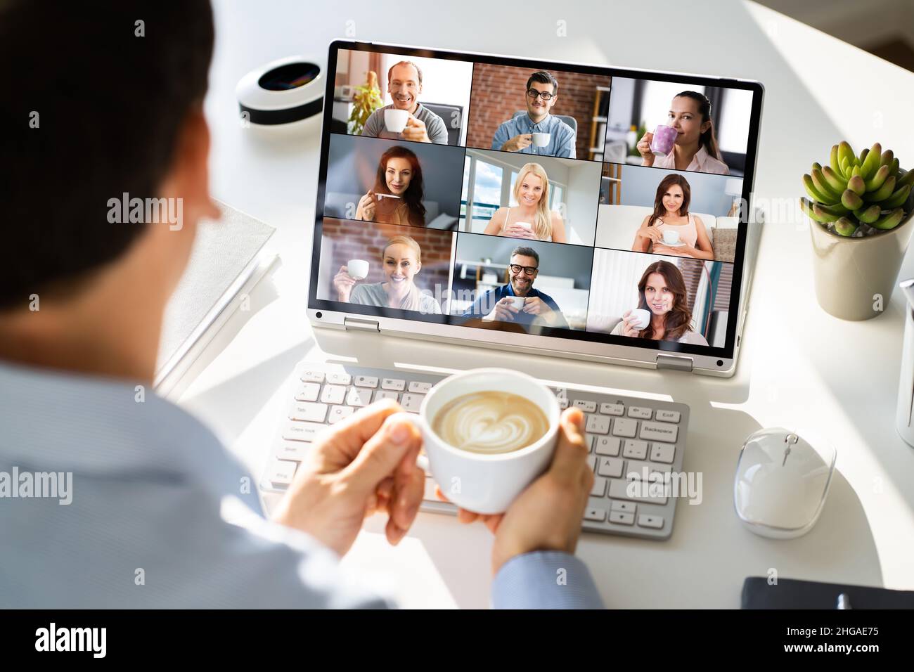 Virtual Video Conference Call Coffee Drinking Break Stock Photo - Alamy