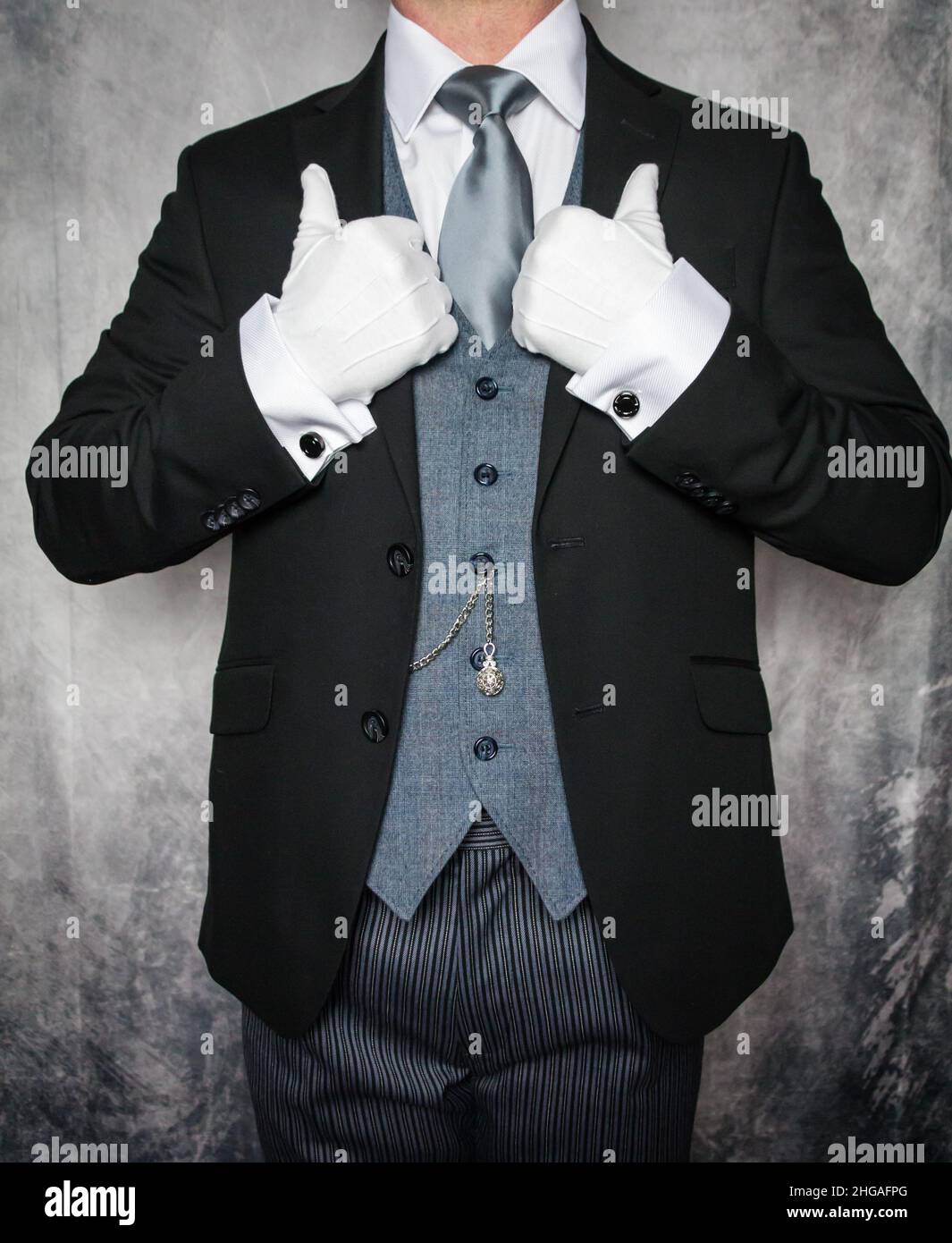 Portrait of Well Dressed Butler in Dark Suit and White Gloves Standing ...