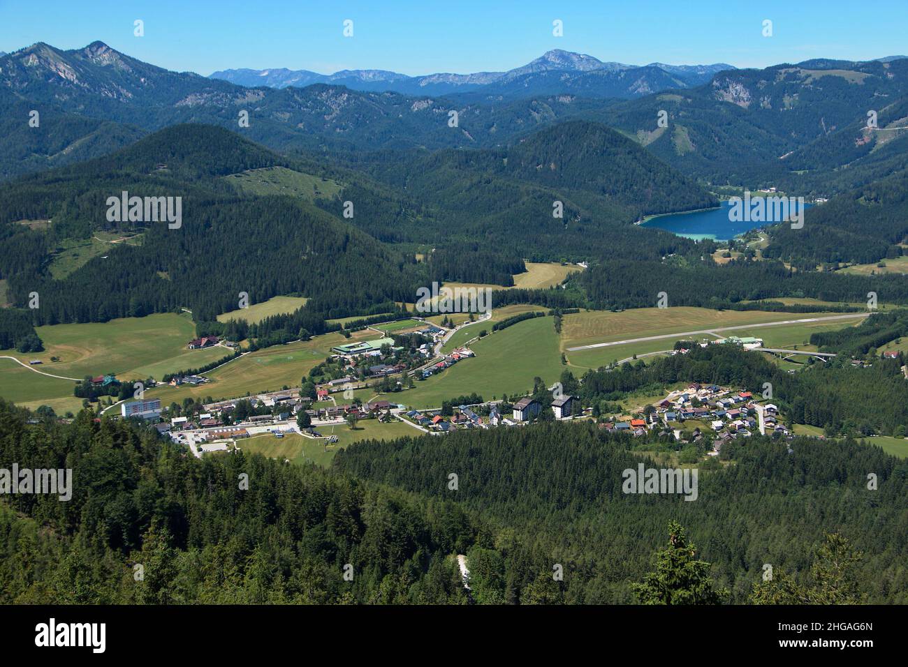 View of Sankt Sebastian and Erlaufsee from Erzherzog-Johann lookout ...