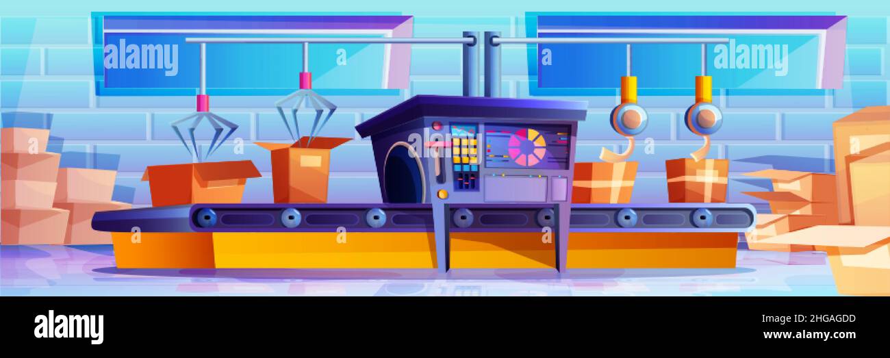 Cartoon conveyor belt with robotic arms for automated packaging product ...
