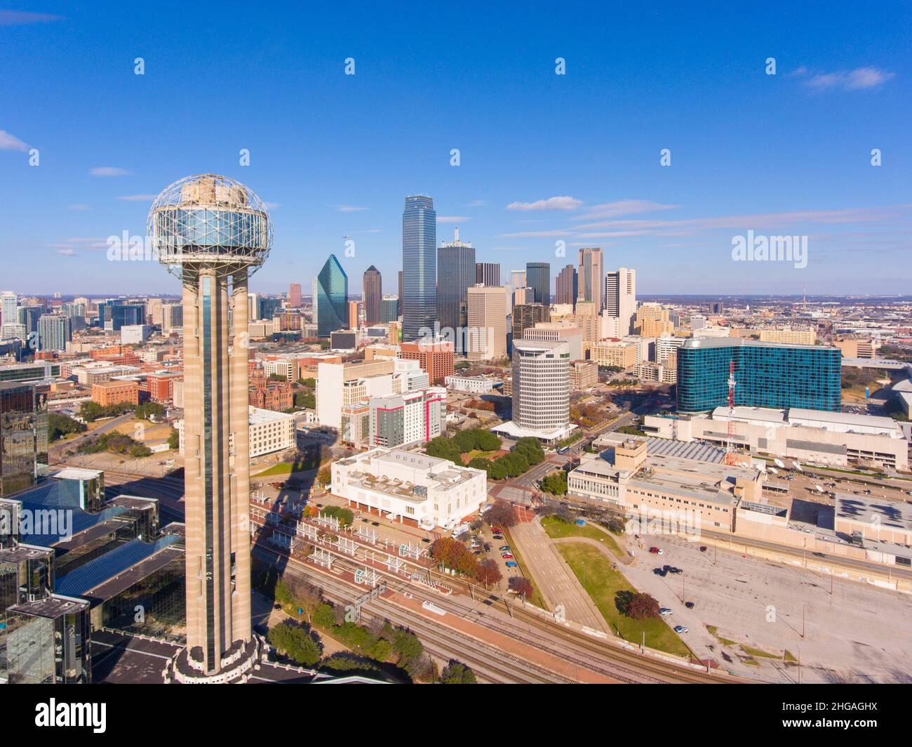 Aerial view of modern city skyline including Reunion Tower, Bank of ...