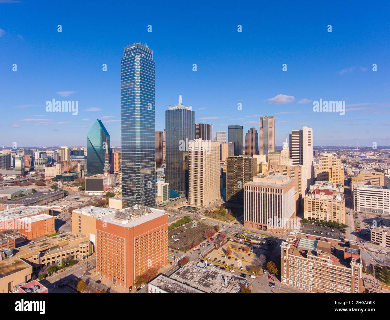 Aerial view of modern city skyline including Bank of America Plaza ...