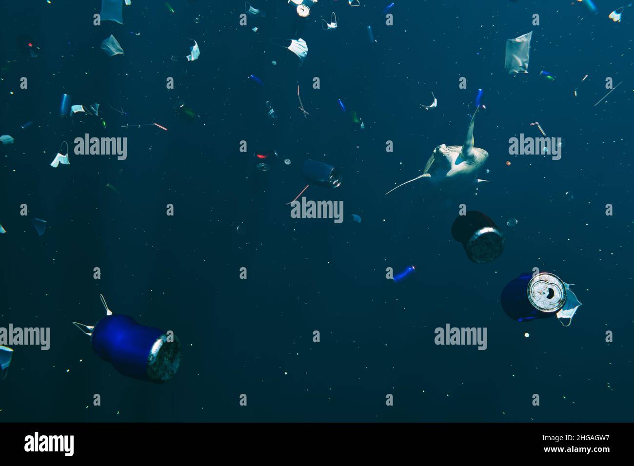 Trash pollution in ocean environmental problem. Sea Turtle swims ...