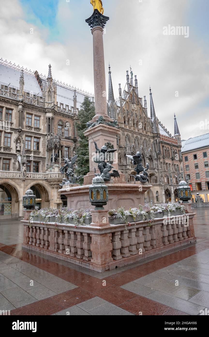 Munich January 2022: The Mariensäule on Marienplatz in Munich is a ...