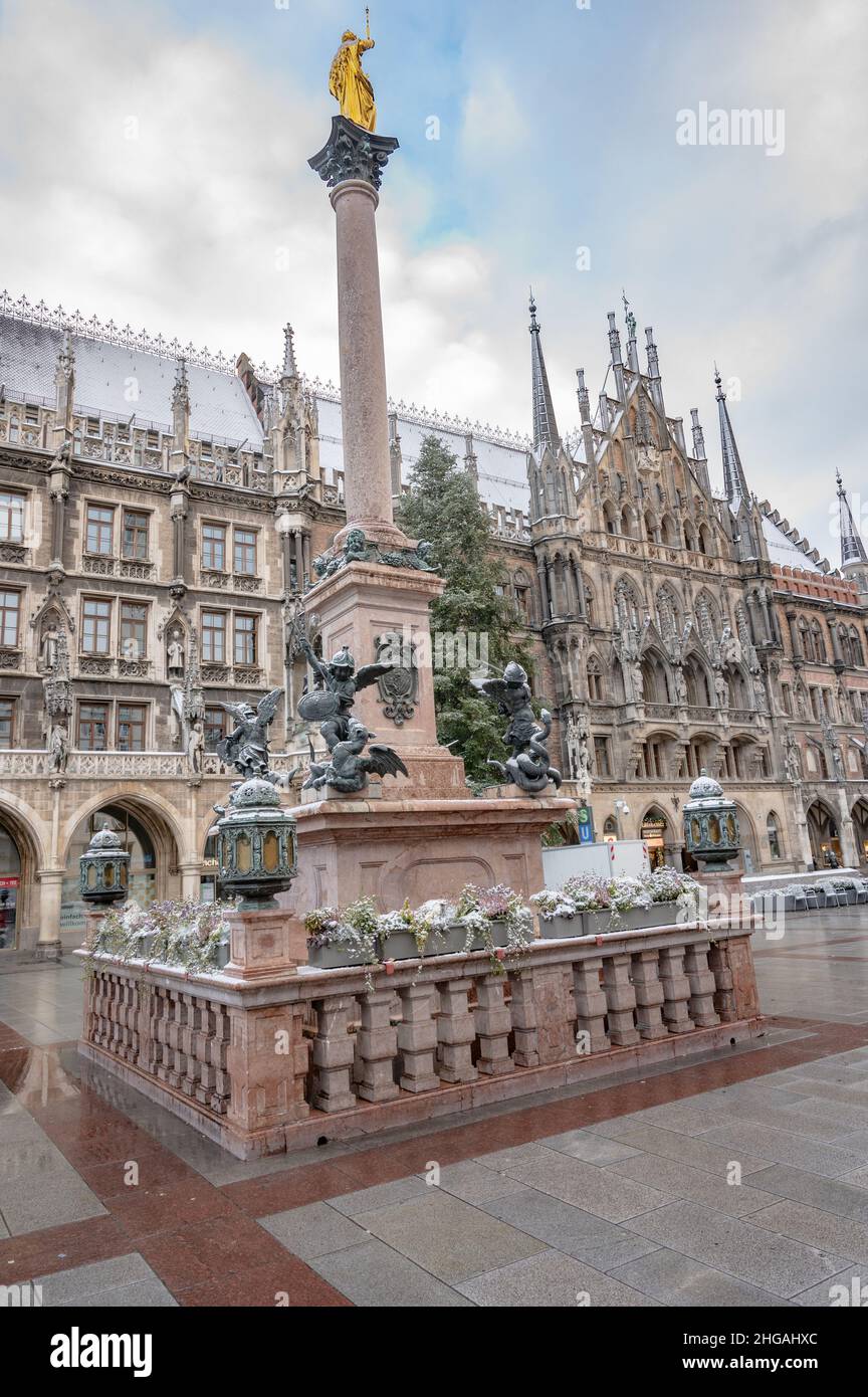 Munich January 2022: The Mariensäule on Marienplatz in Munich is a ...
