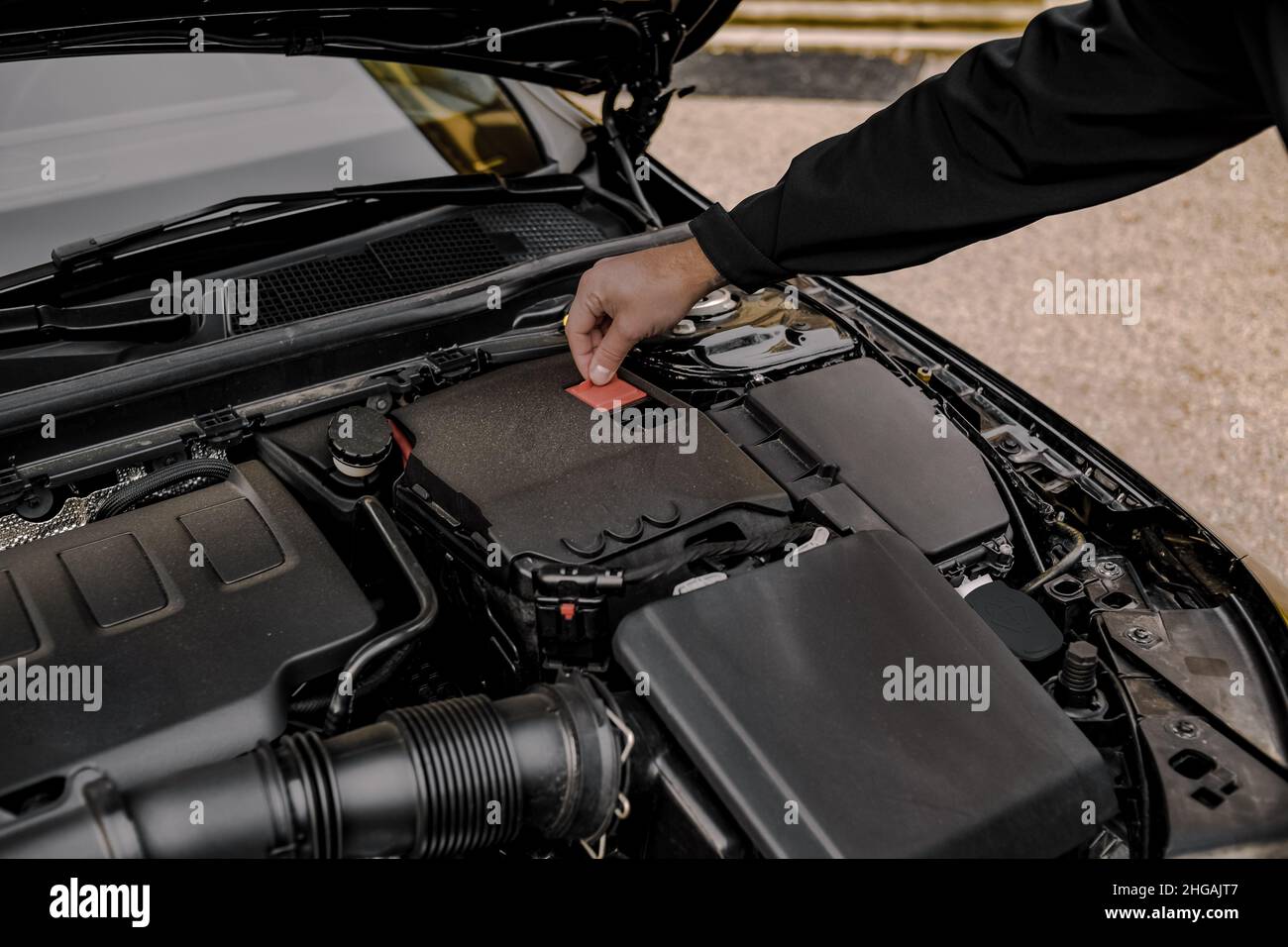 Interior of the car, car repair, service. Under the bumper of the car ...