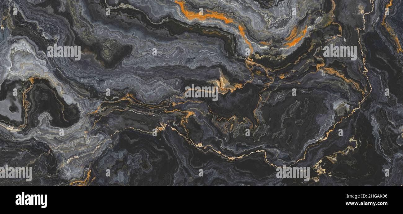 Black onyx marble pattern with curly orange veins. Abstract texture and background. 2D ...