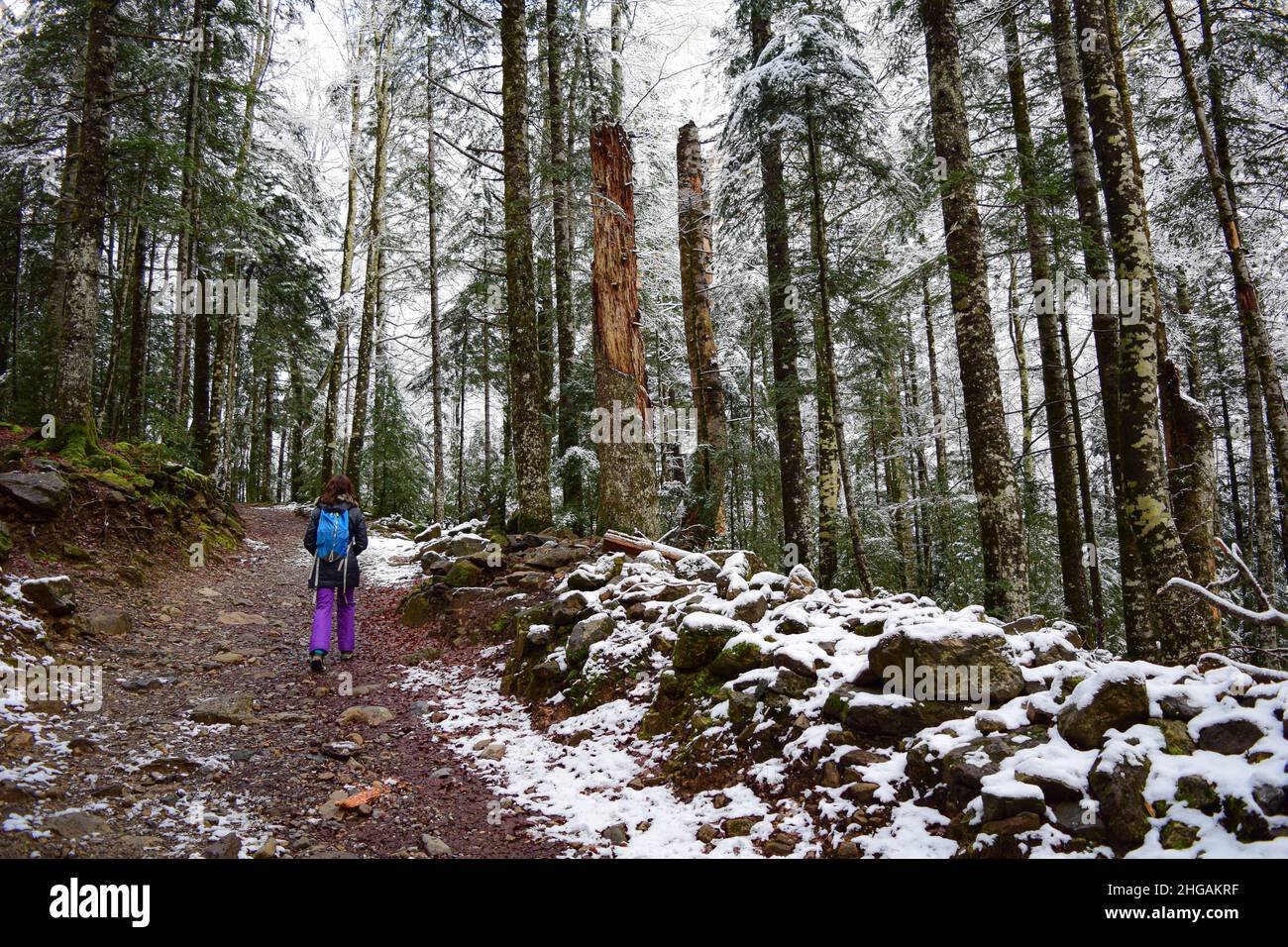 Young caucasian female hiker in the snowy mountains of the Pyrenees ...