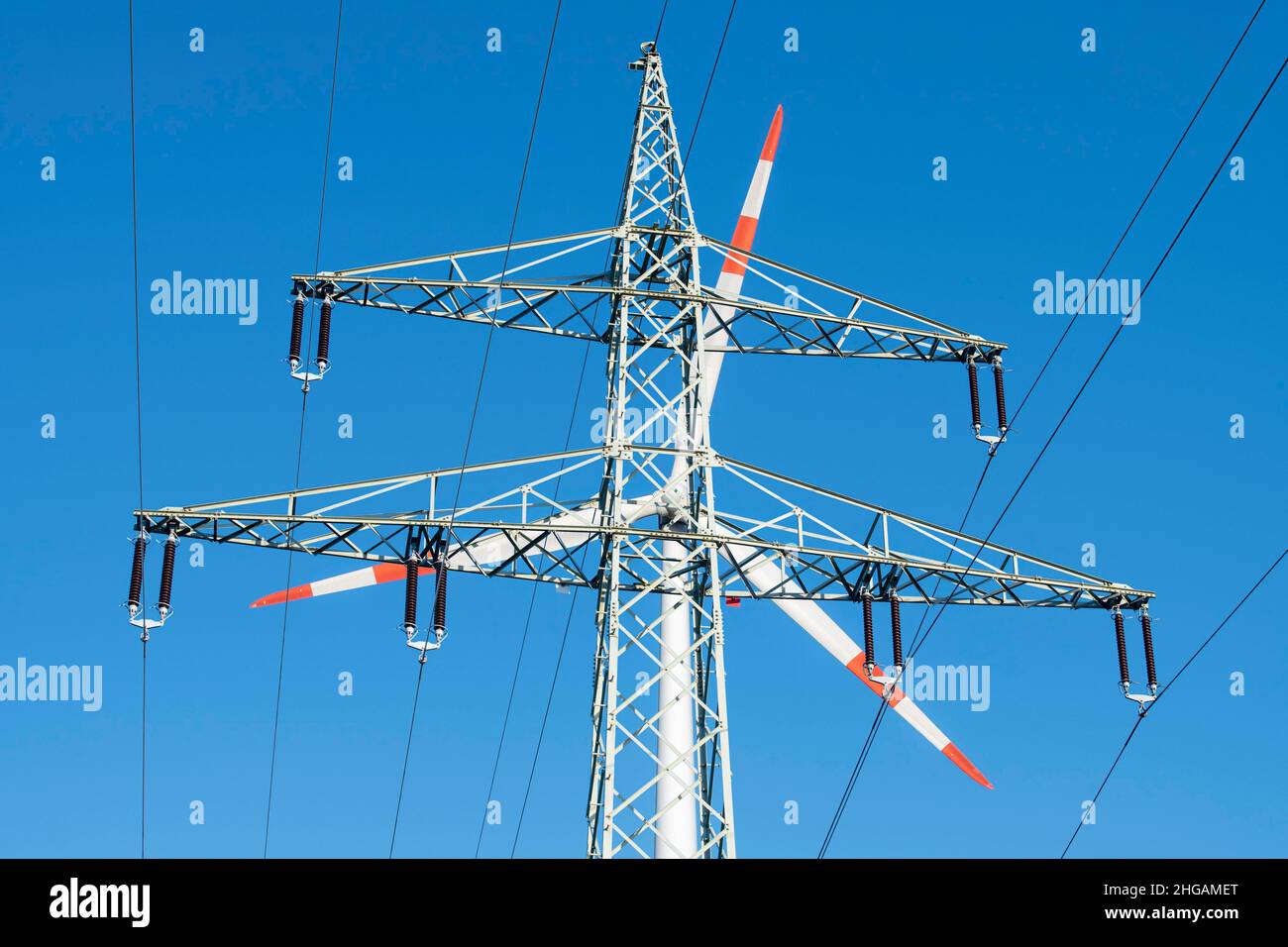 High-voltage pylon, overhead line, wind turbine, power generation ...