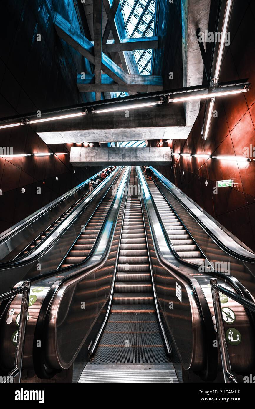 Modern underground station, escalator of Fovam ter Station, Budapest ...