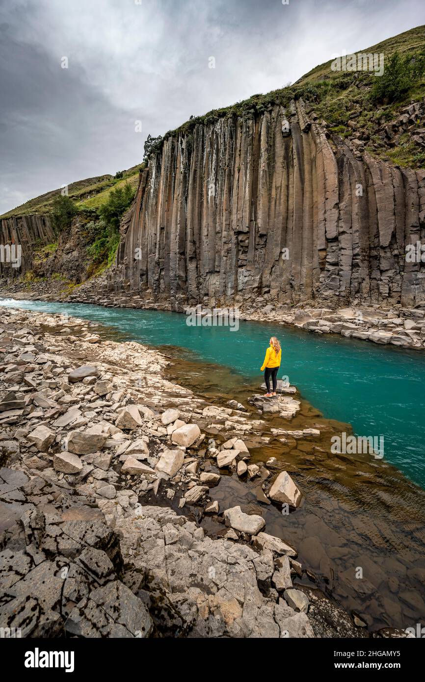 Tourist at Stuolagil Canyon, basalt columns, Egilsstadir, Iceland Stock ...