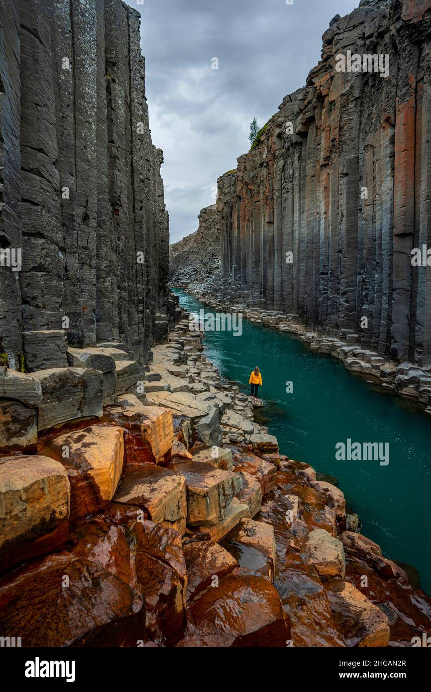 Tourist at Stuolagil Canyon, basalt columns, Egilsstadir, Iceland Stock ...