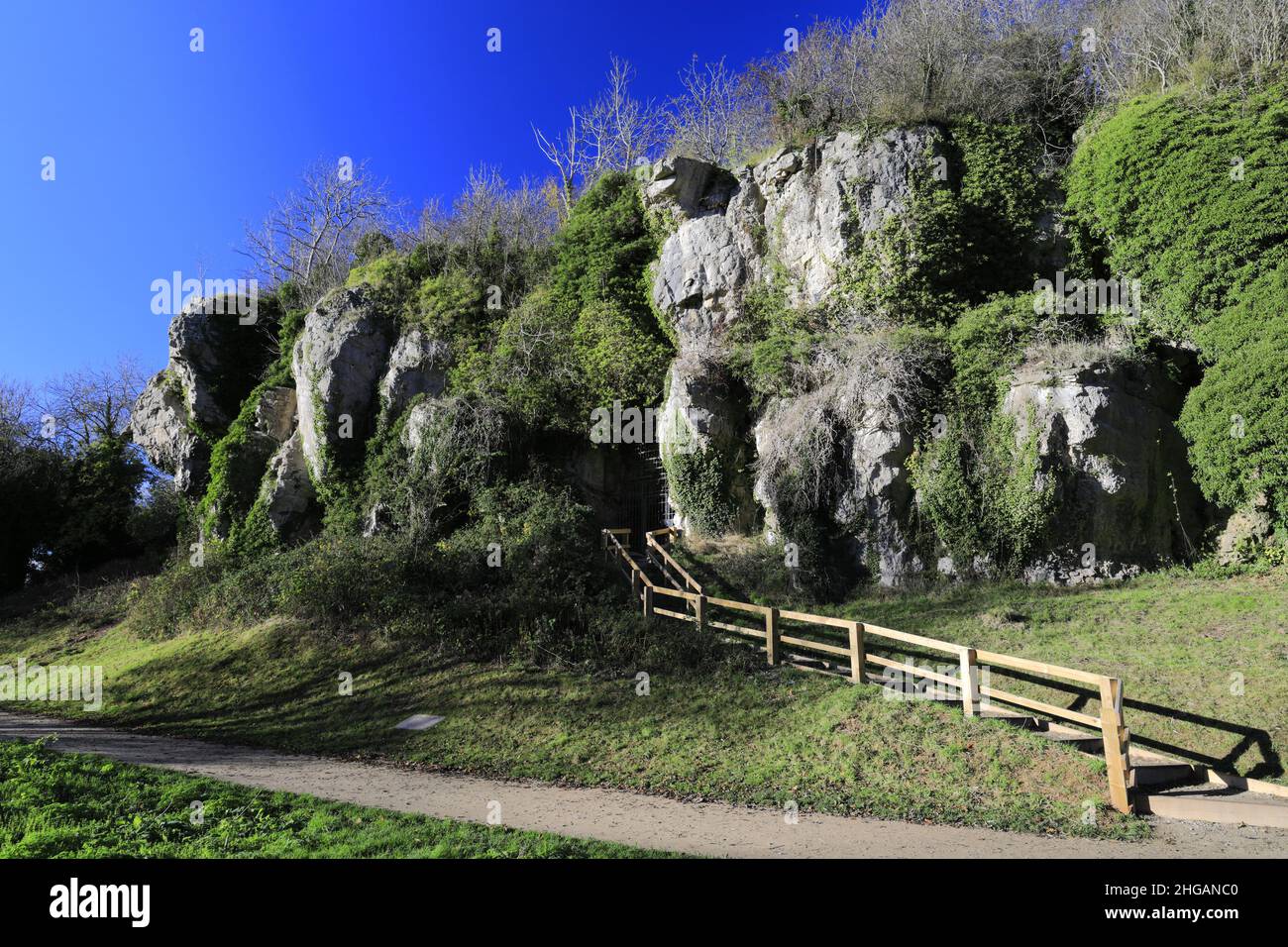 View of the Pin Hole Ice Age Cave at Creswell Crags Prehistoric Gorge ...