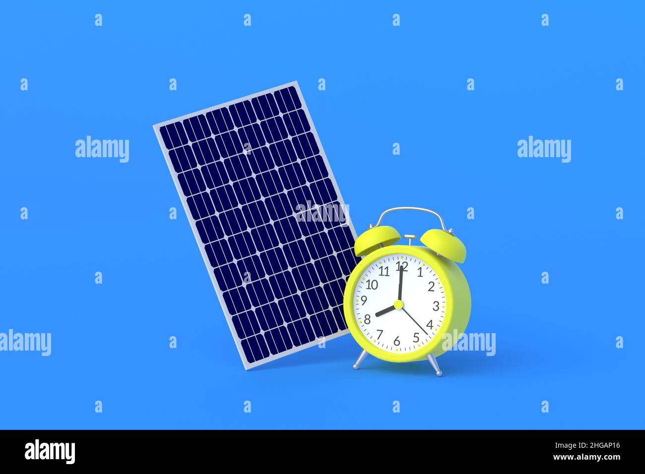 Solar panel near alarm clock on blue background. Lifetime of ...