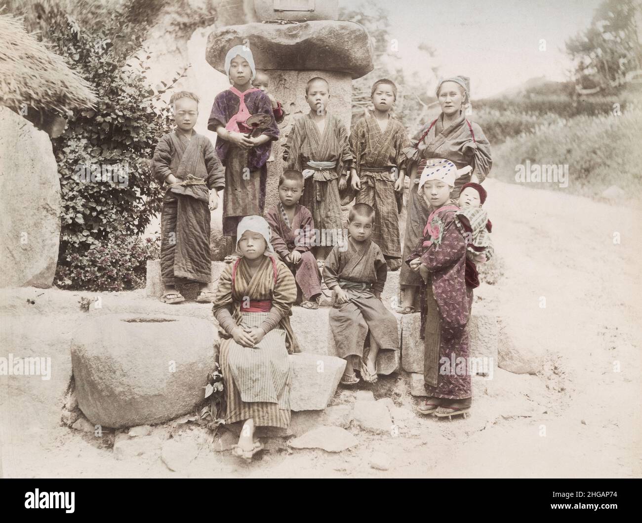 Vintage 19th century photograph - Group of country children, Japan ...
