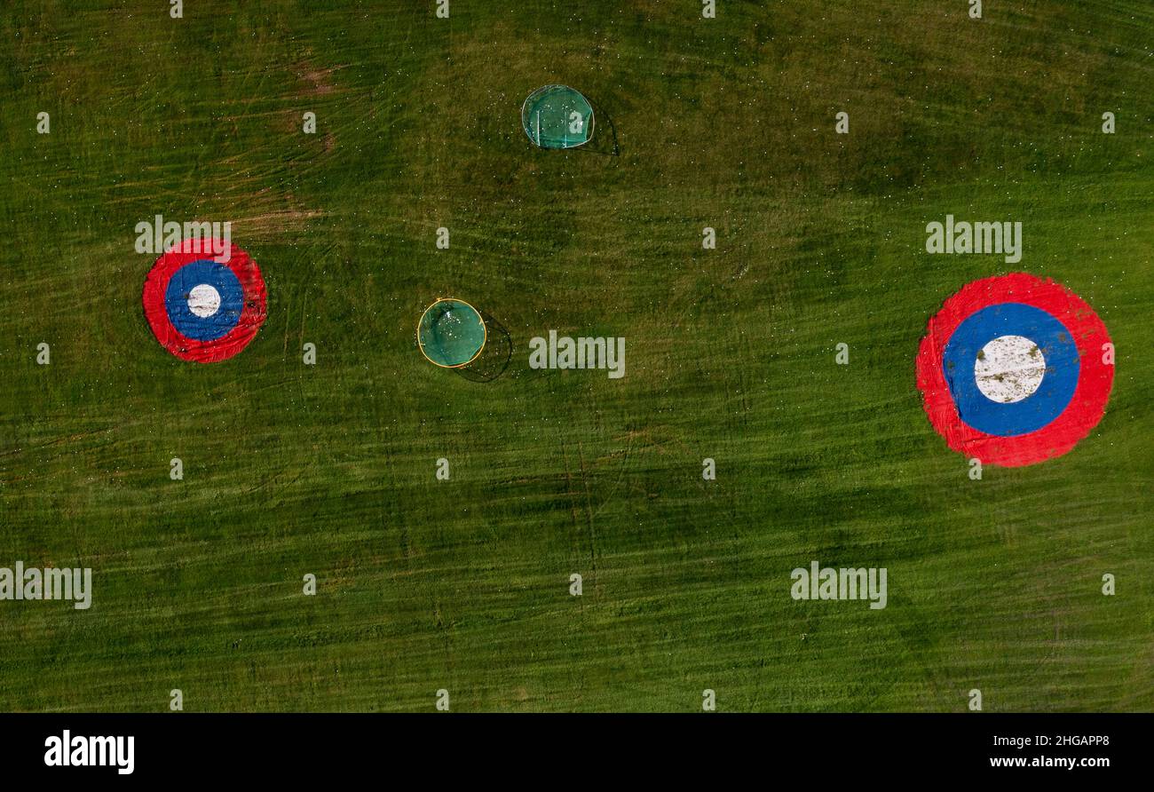 Drone shot, Driving Ranch at the Golf Club at Mondsee with Schafberg ...