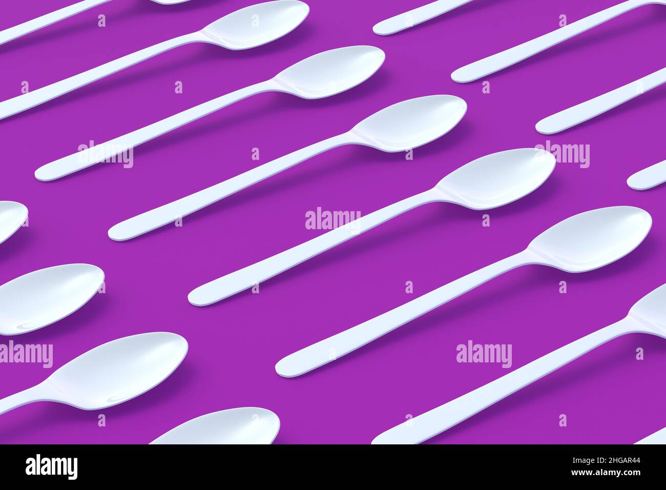 Rows of spoons of white color on violet background. 3d render Stock ...