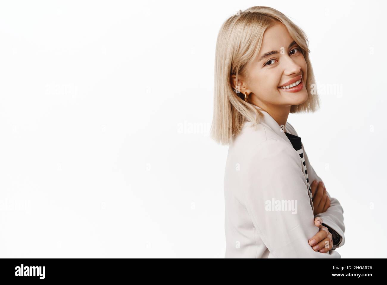 Close up of confident young professional business woman, turn head at ...