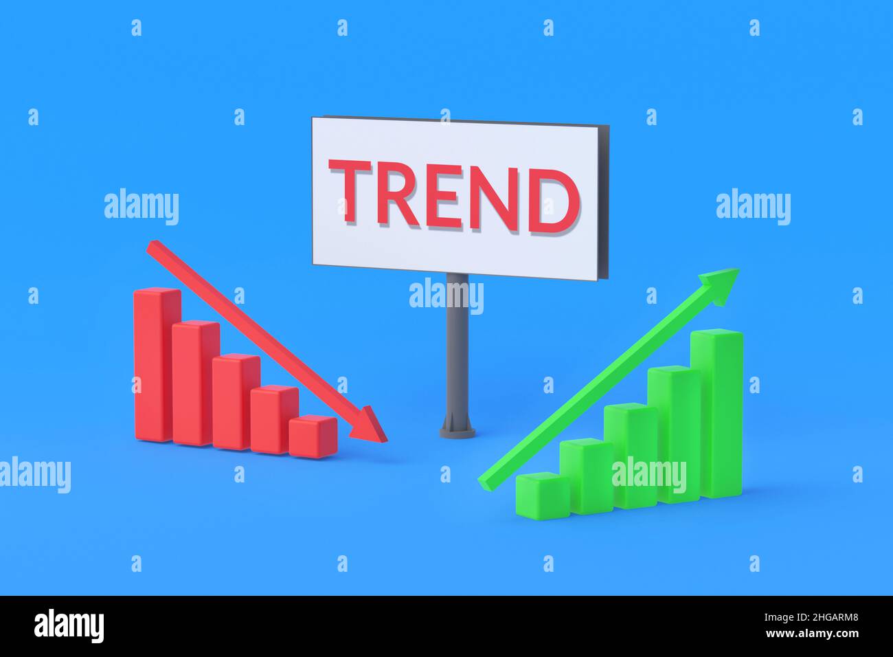 Charts near billboard with word trend. Economic direction. Change in ...