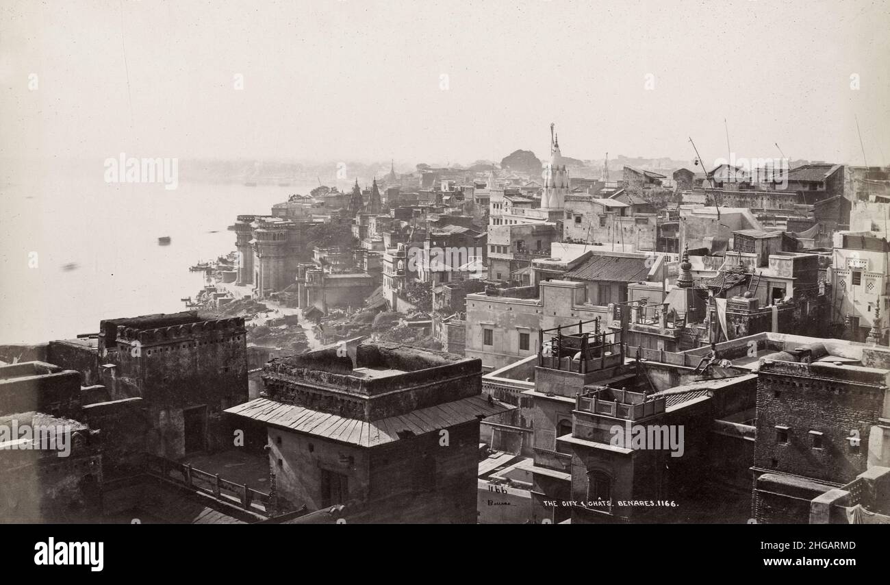Vintage 19th century photograph - City Ghats, Benares, Varanasi, River ...