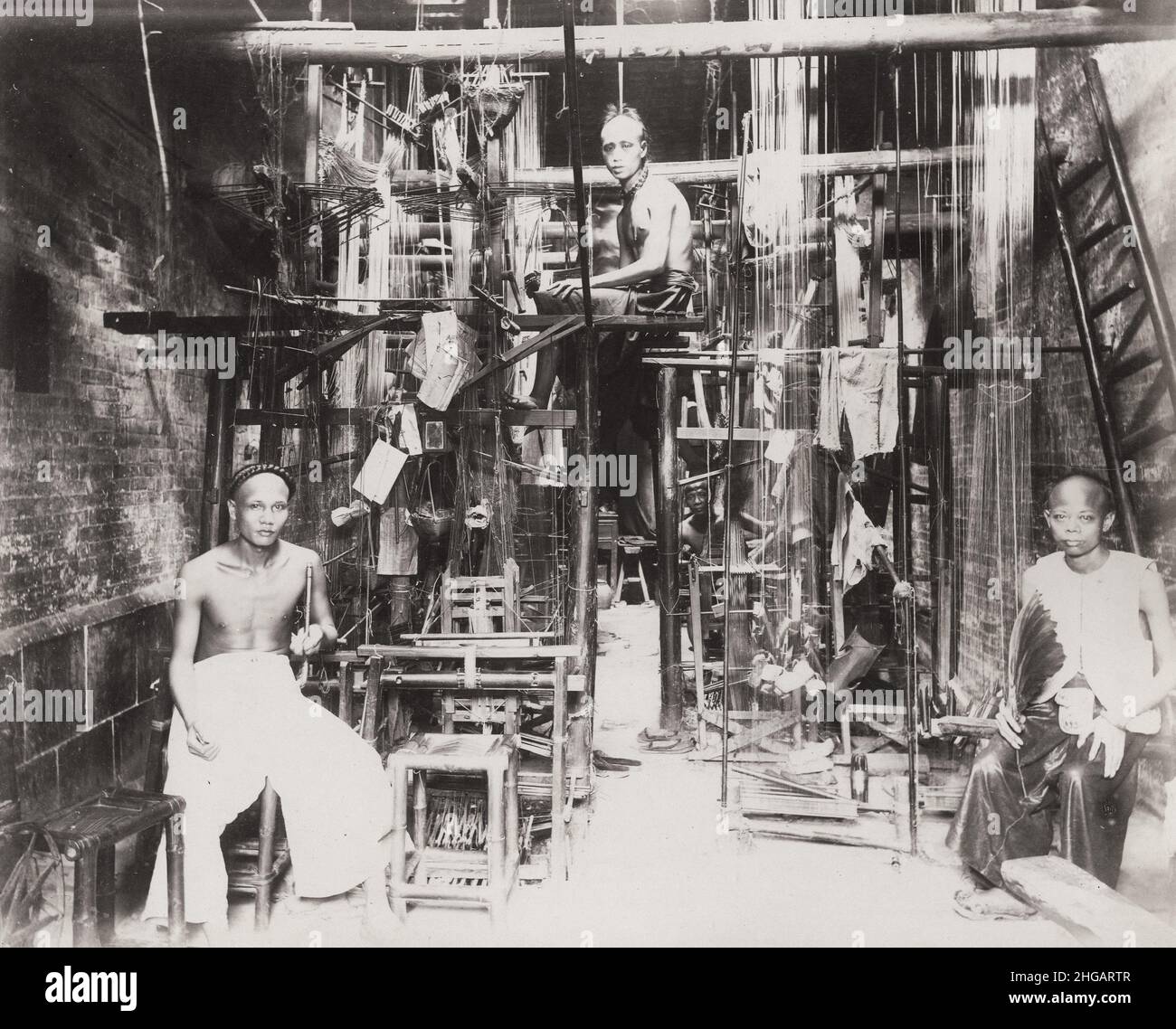 Vintage 19th century photograph - Chinese workers on a loom, China ...