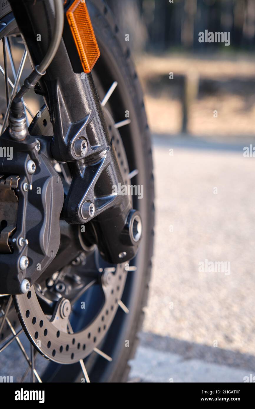 Front wheel with black tire of motorcycle Stock Photo - Alamy
