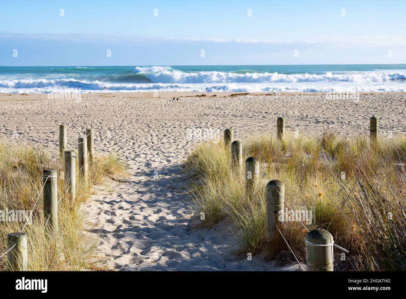 Path through sand between roped bollards and beach vegetation to beach ...