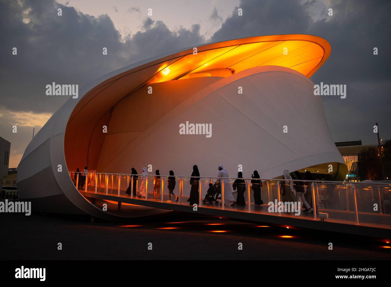 Futuristic snail shaped Luxembourg pavilion during sunset with Islamic ...