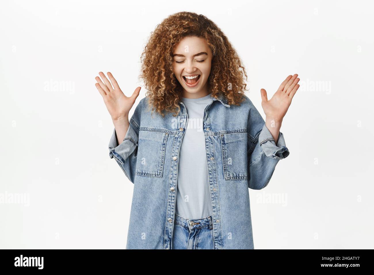 Surprised pretty woman looking down hi-res stock photography and images ...