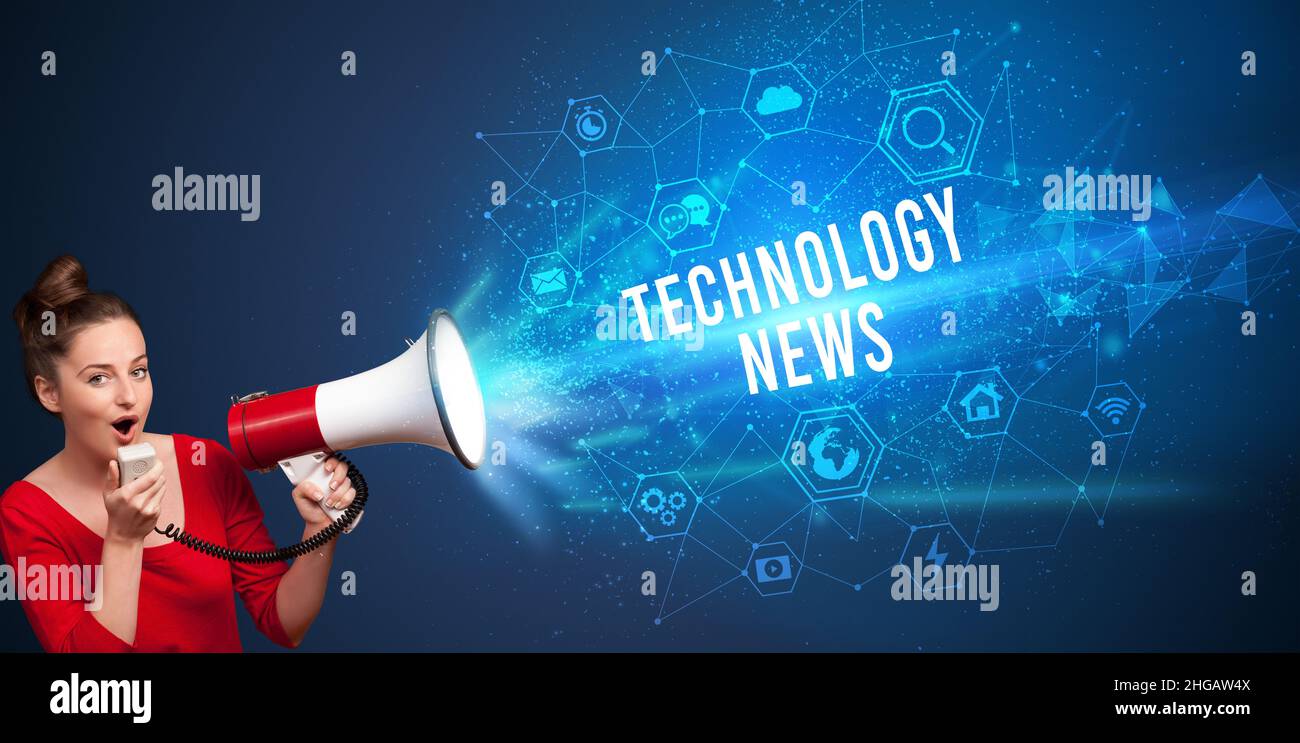 Young woman shouting in megaphone, technology announcement concept ...