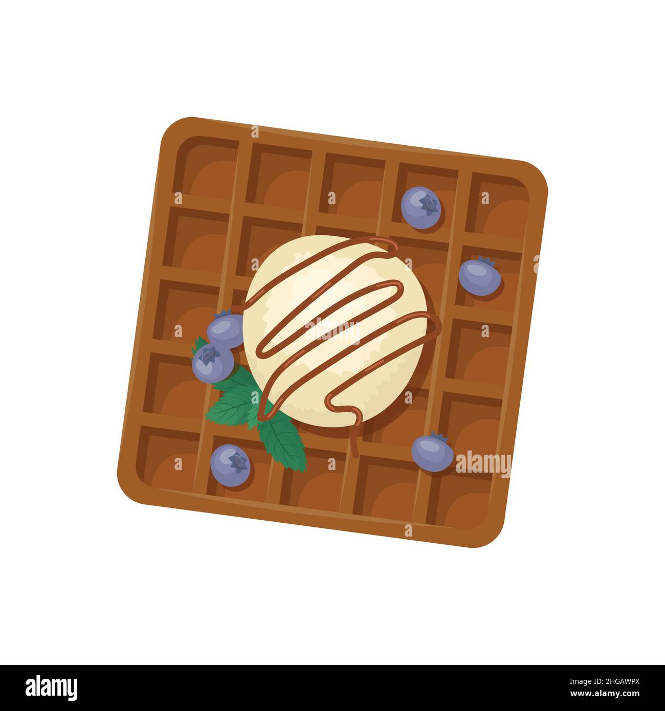 Vector Illustration Of A Chocolate Belgian Waffle With A Ball Of Ice