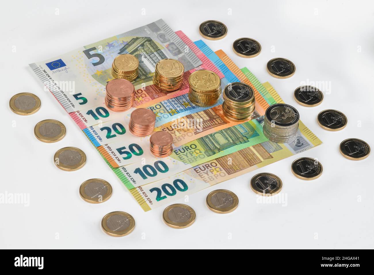 Euro notes, euro coins, cent coins, banknotes, stack, studio shot Stock ...