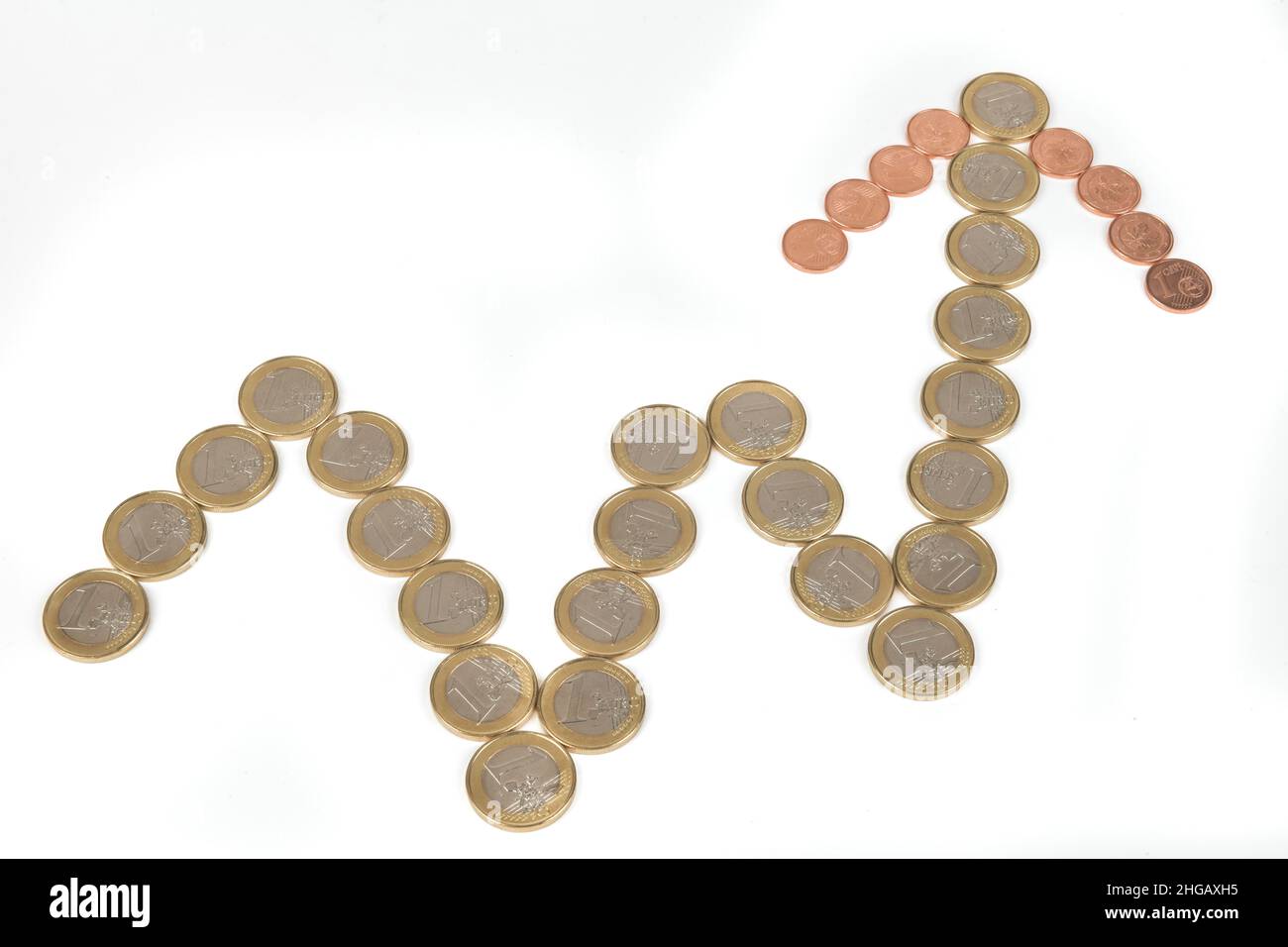Cent coins, euro coins, chart, euro rate, arrow, studio shot Stock ...