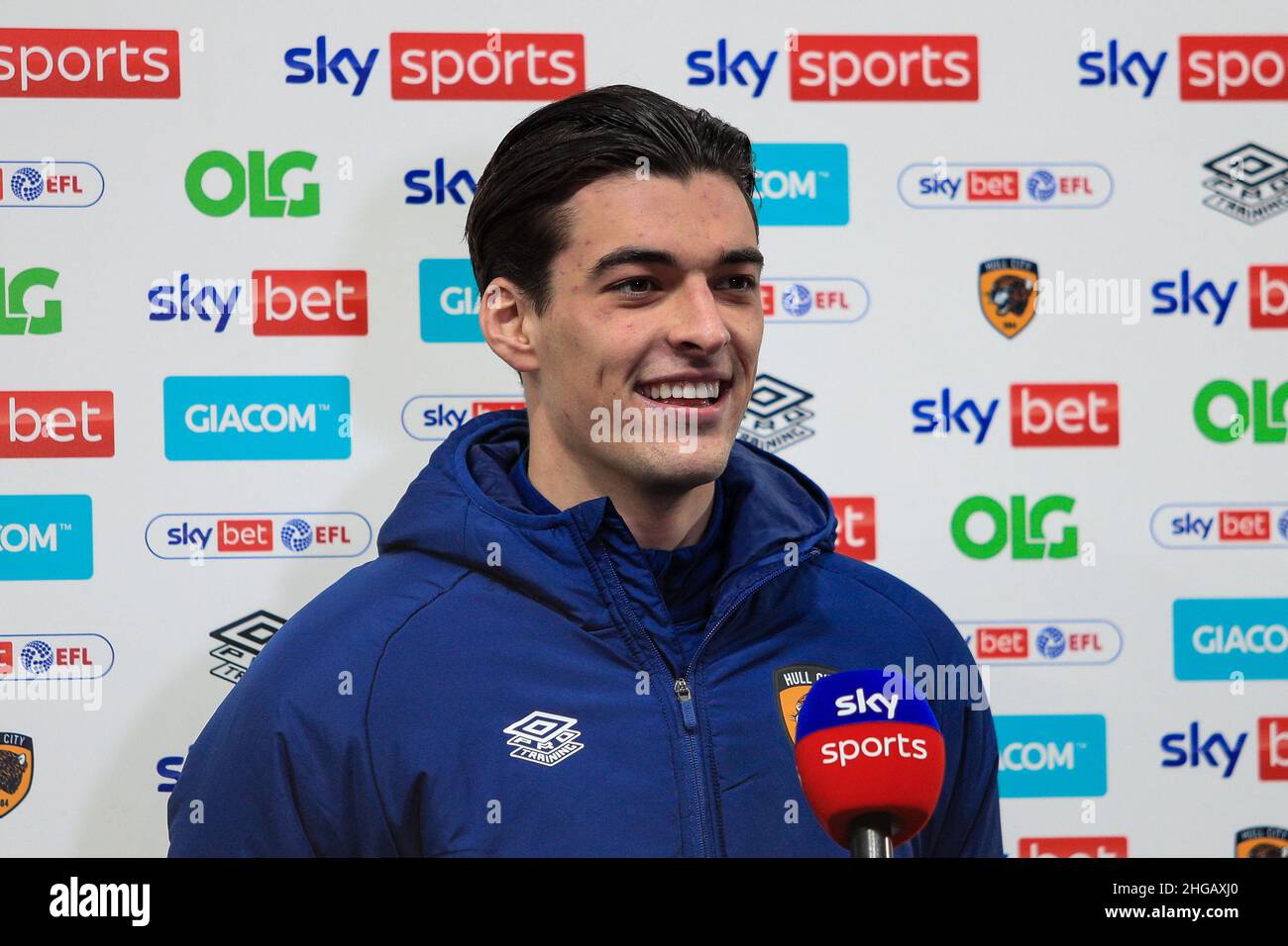 Jacob Greaves #4 of Hull City is interviewed ahead of the game Stock ...