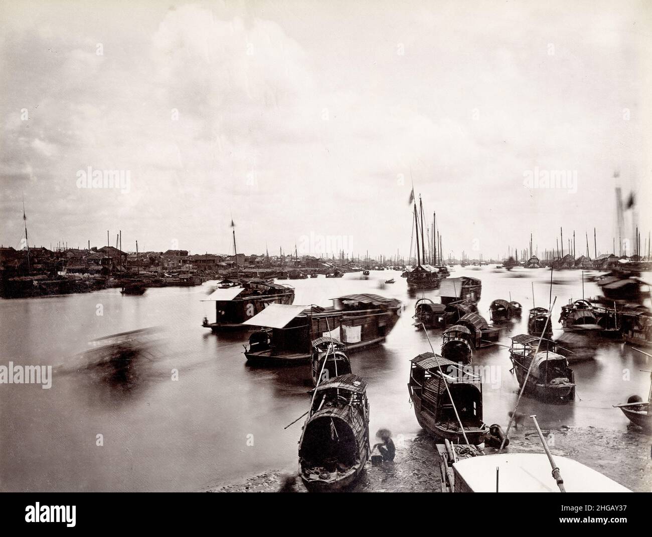 Vintage 19th century photograph - Boats in the river, Canton, Gunagzhou ...