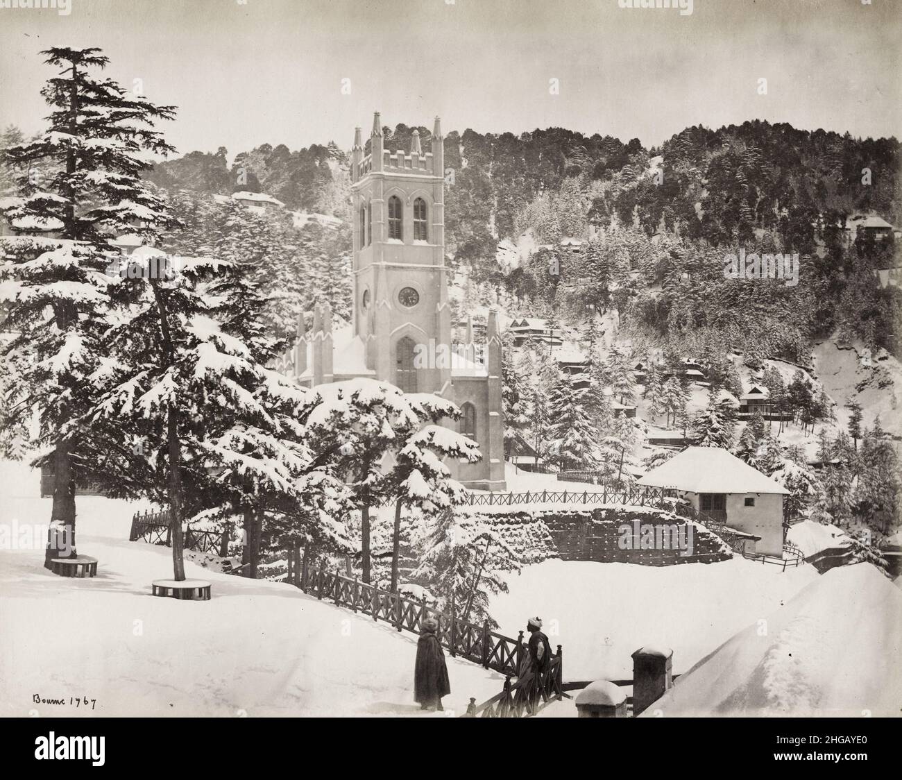 Vintage 19th century photograph - Simla, Shimla, India, church in snow ...