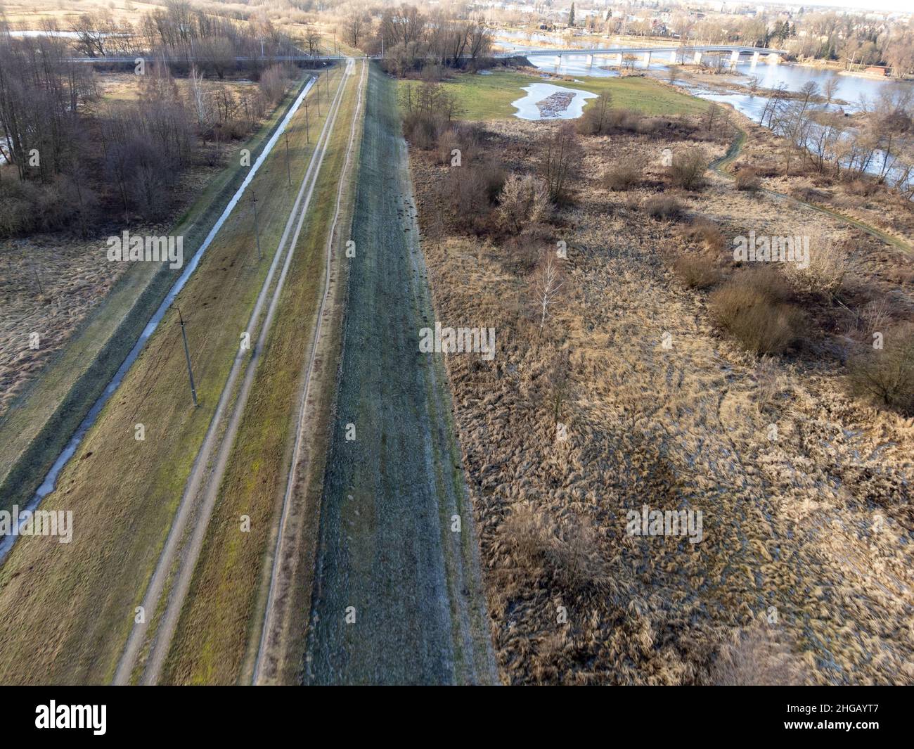 Flood embankment, meadow, lagoon, forest and road photographed from a ...