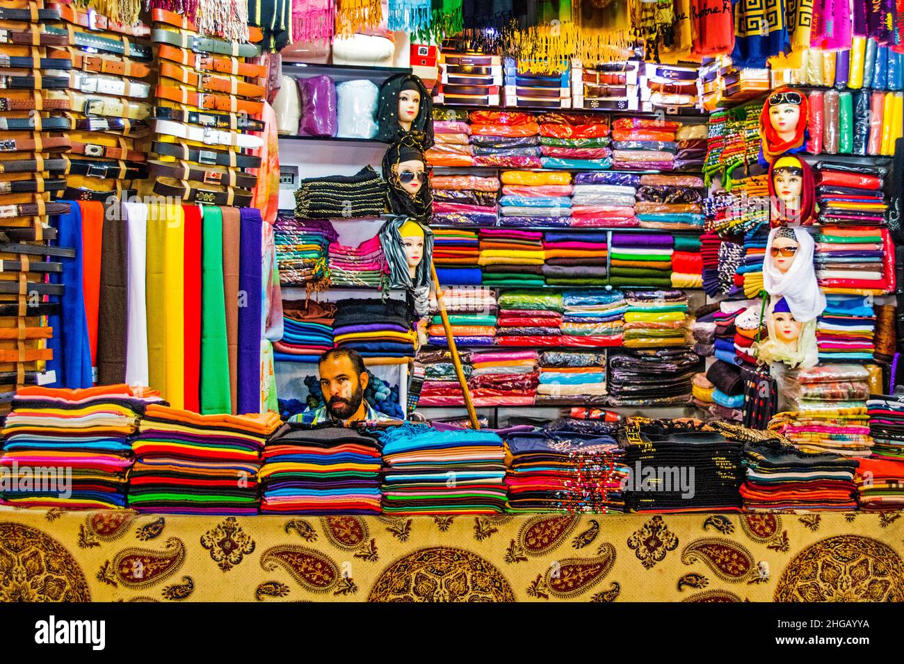Colourful clothing shops, The Grand Bazaar, Isfahan, Isfahan, Iran ...