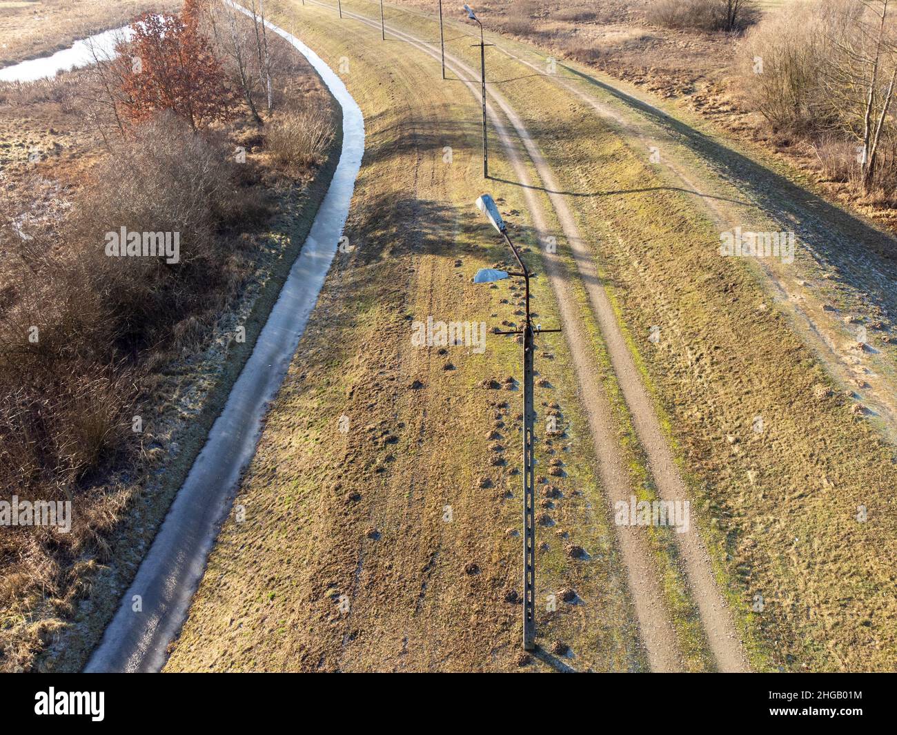 Flood embankment, meadow, lagoon, forest and road photographed from a ...