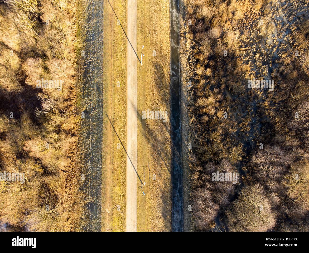Flood embankment, meadow, lagoon, forest and road photographed from a ...
