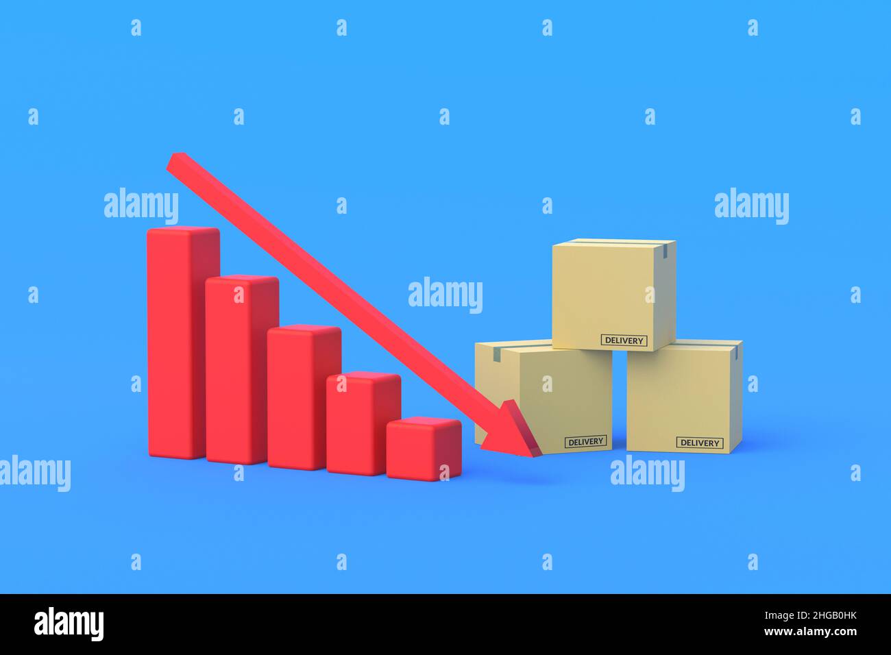 Cardboard boxes near red graphic with down arrow. Reduced costs ...