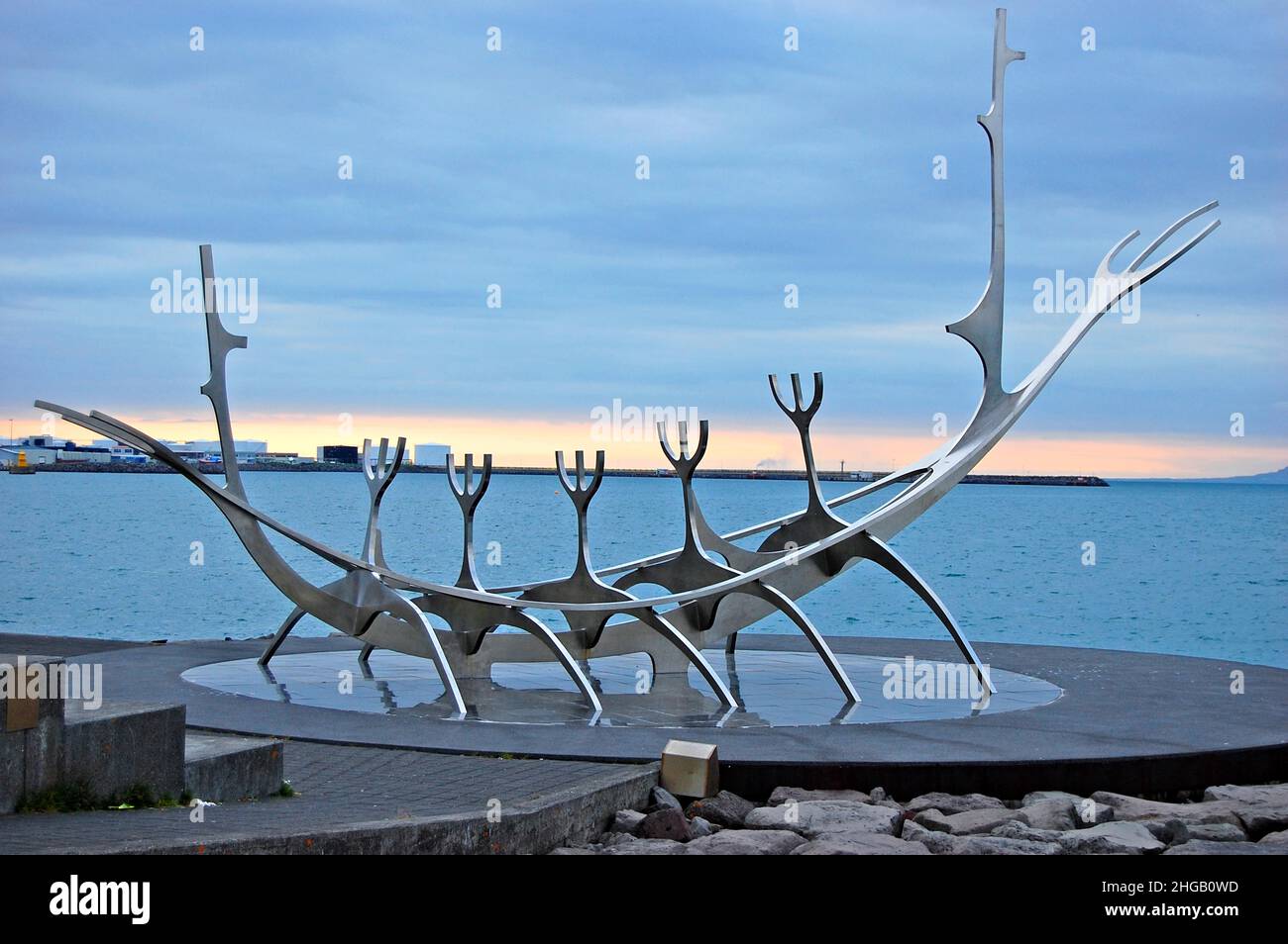 Sculpture of a Viking ship on the Atlandtik shore, Reykjavik, Iceland ...
