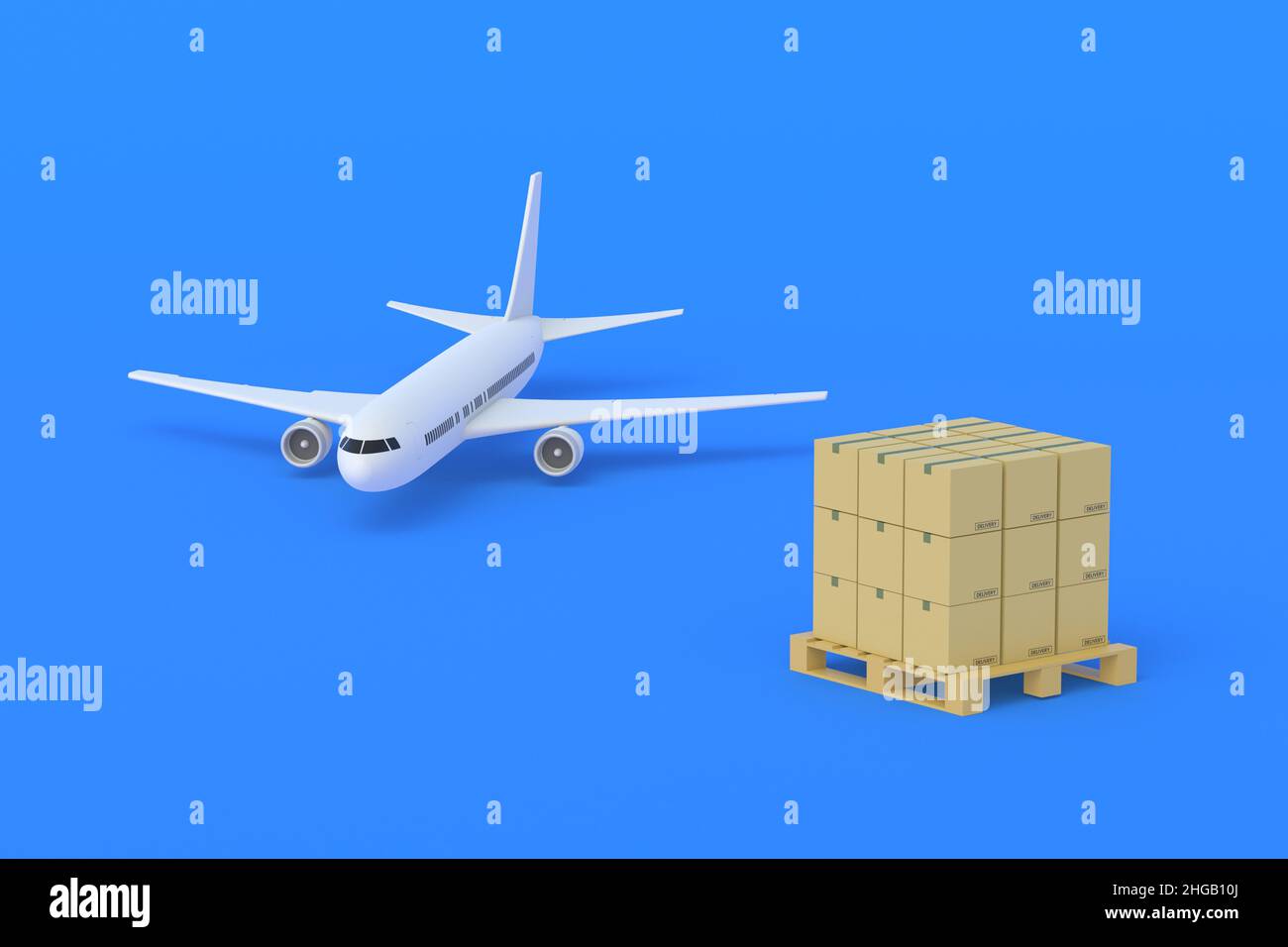 Airplane near stack of boxes on pallet on blue background ...