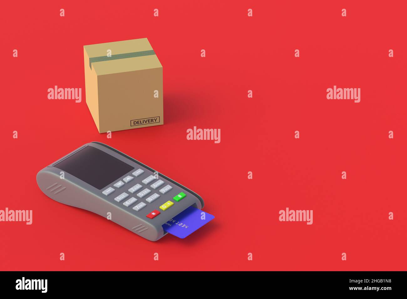 Compact cash register with a plastic card near cardboard boxes ...